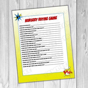 Superhero Baby Shower Game Nursery Rhyme Game Printable INSTANT ...