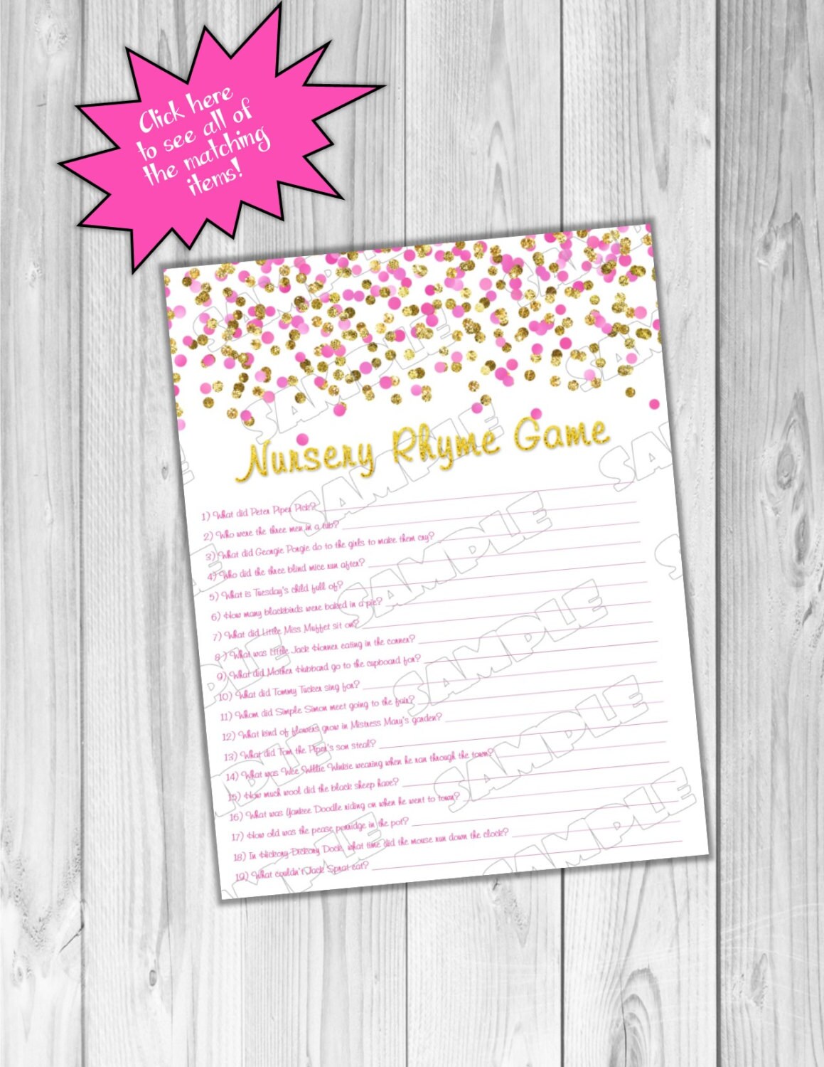 Pink and Gold Baby Shower Games Nursery Rhyme Game Glitter - Etsy