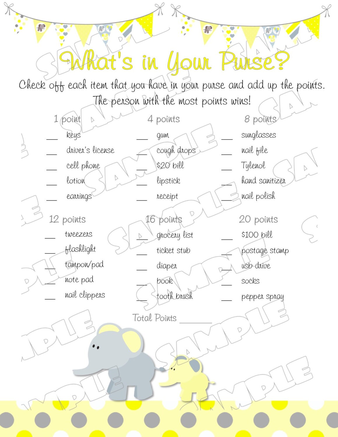 Yellow Elephant What's in Your Purse Baby Shower Game - Etsy