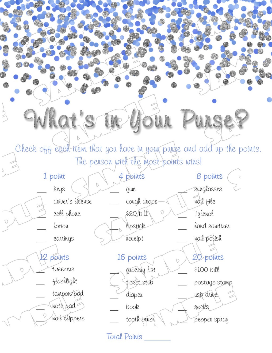 Blue and Silver Baby Shower Games What's in Your Purse | Etsy