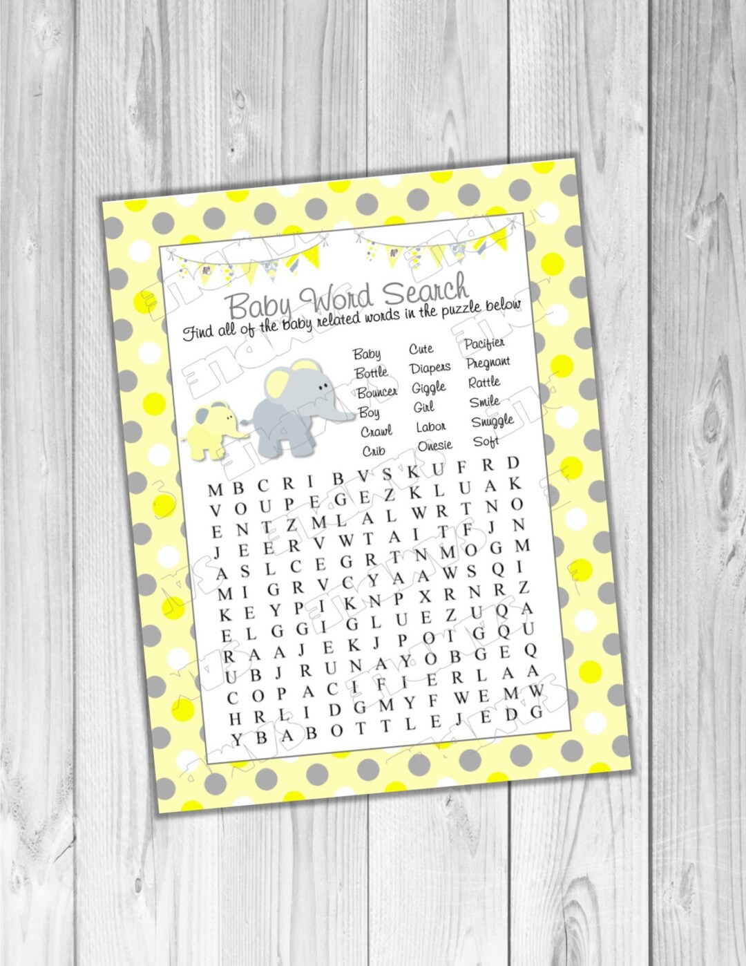 Yellow Elephant Word Search Baby Shower Game Printable INSTANT DOWNLOAD ...