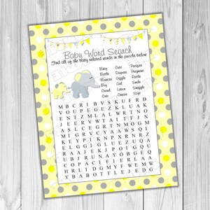 Yellow Elephant Word Search Baby Shower Game Printable INSTANT DOWNLOAD ...