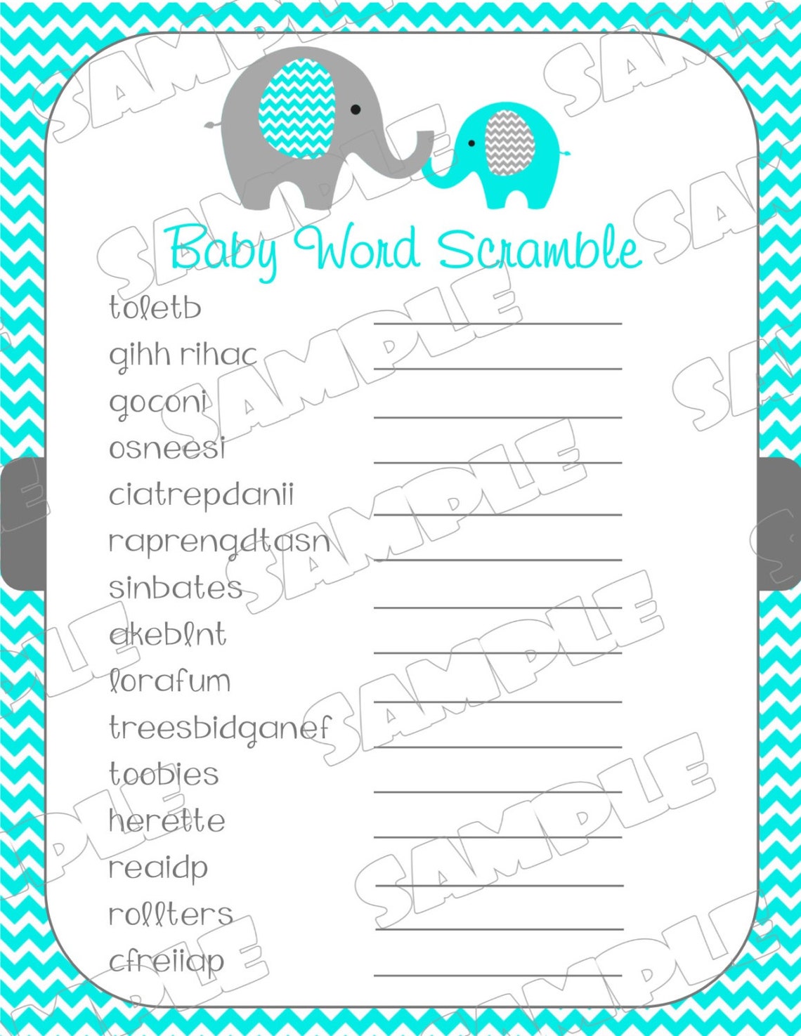 Elephant Baby Shower Games Aqua and Gray Word Scramble Baby | Etsy