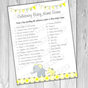 Yellow Elephant Celebrity Baby Name Game Baby Shower Game - Etsy