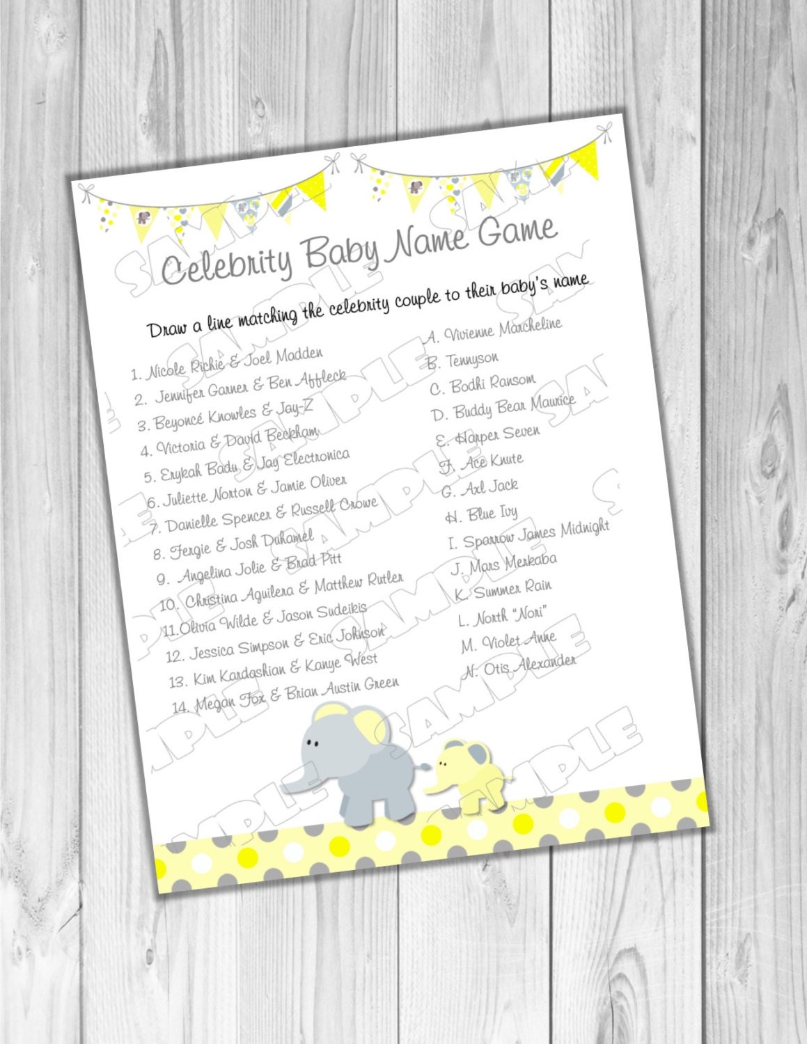 Yellow Elephant Celebrity Baby Name Game Baby Shower Game - Etsy