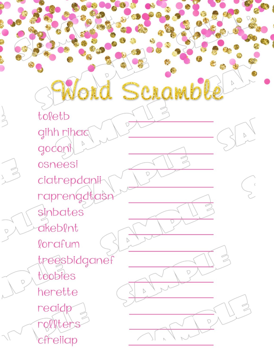 Pink and Gold Baby Shower Games Word Scramble Game Glitter | Etsy