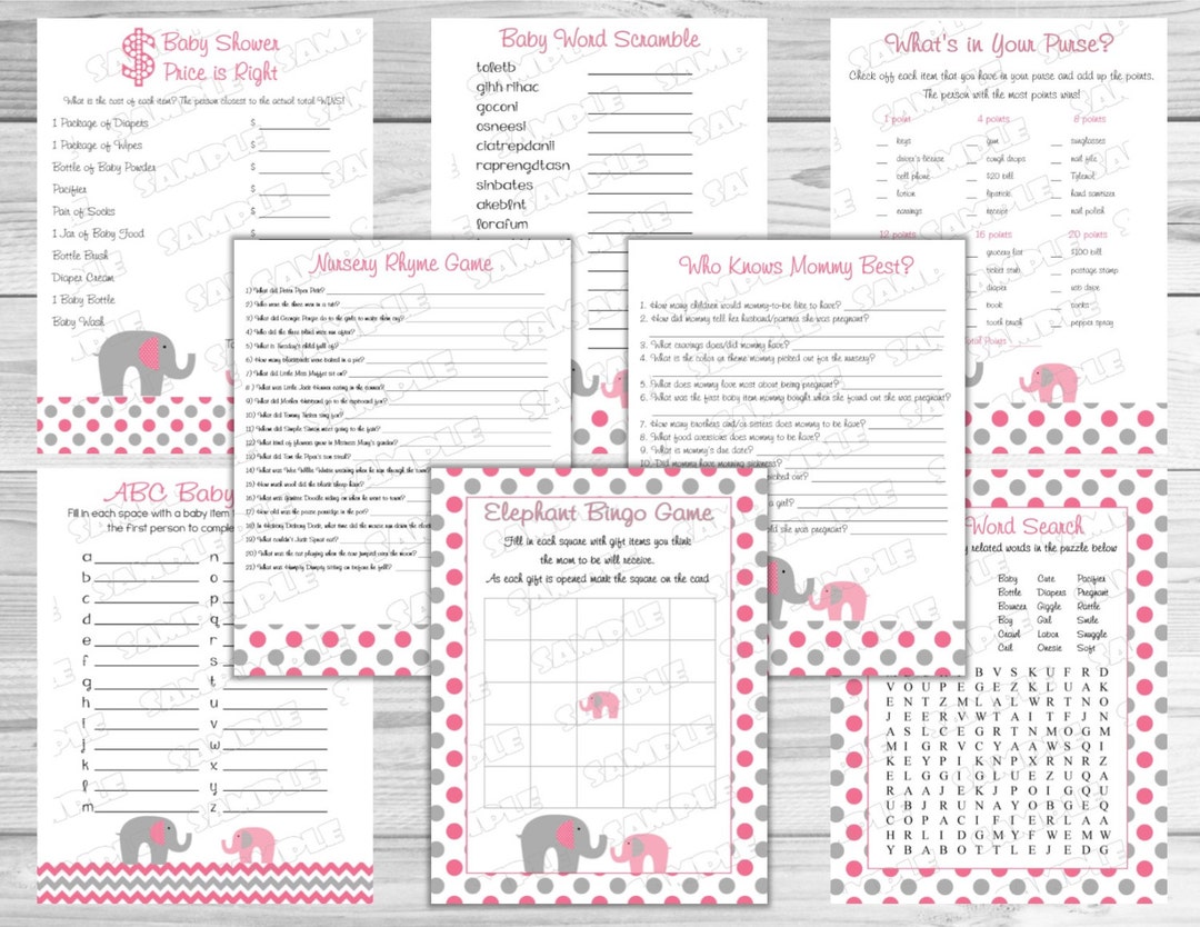 Pink Elephant Baby Shower Set of 8 Games Bundle Pink Elephant Printable ...