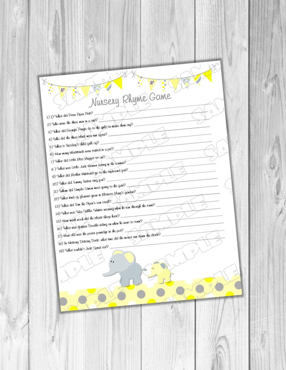 Yellow Elephant Nursery Rhyme Game Baby Shower Game Printable INSTANT ...