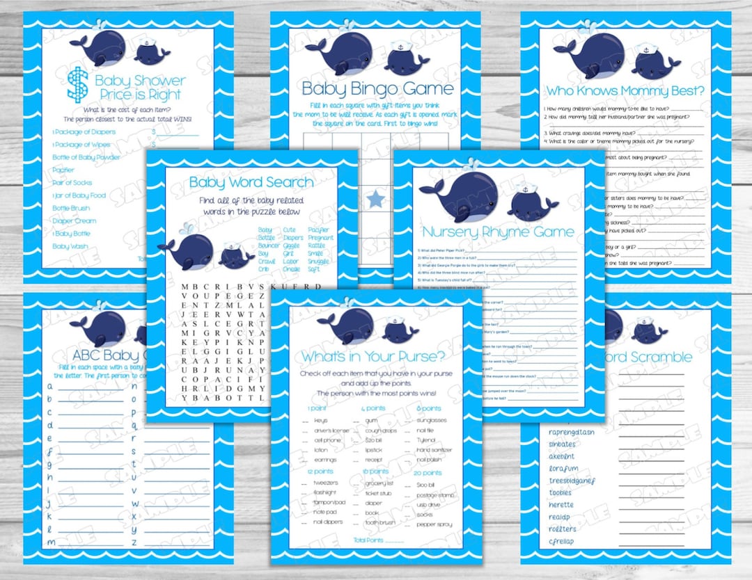 Whale Baby Shower Games Set of 8 Game Bundle Printable Whale Games ...