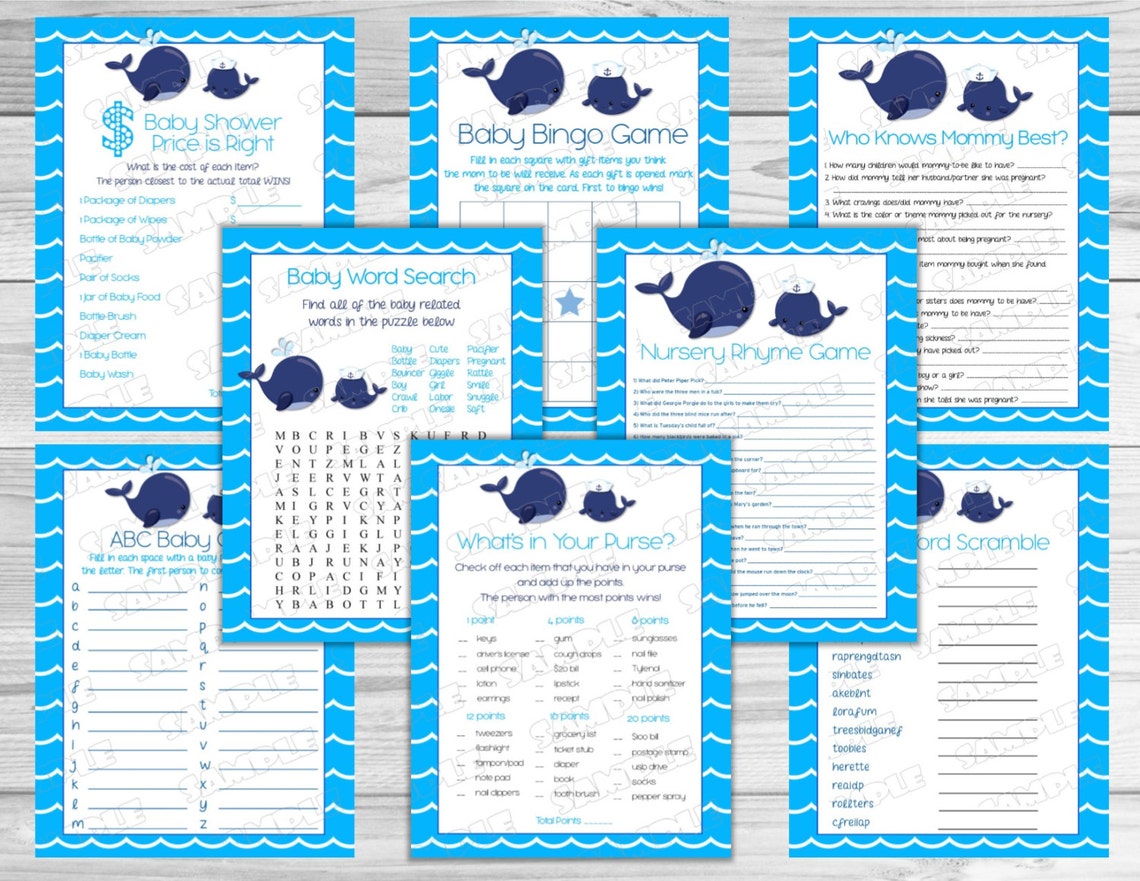 Whale Baby Shower Games Set of 8 Game Bundle Printable Whale - Etsy