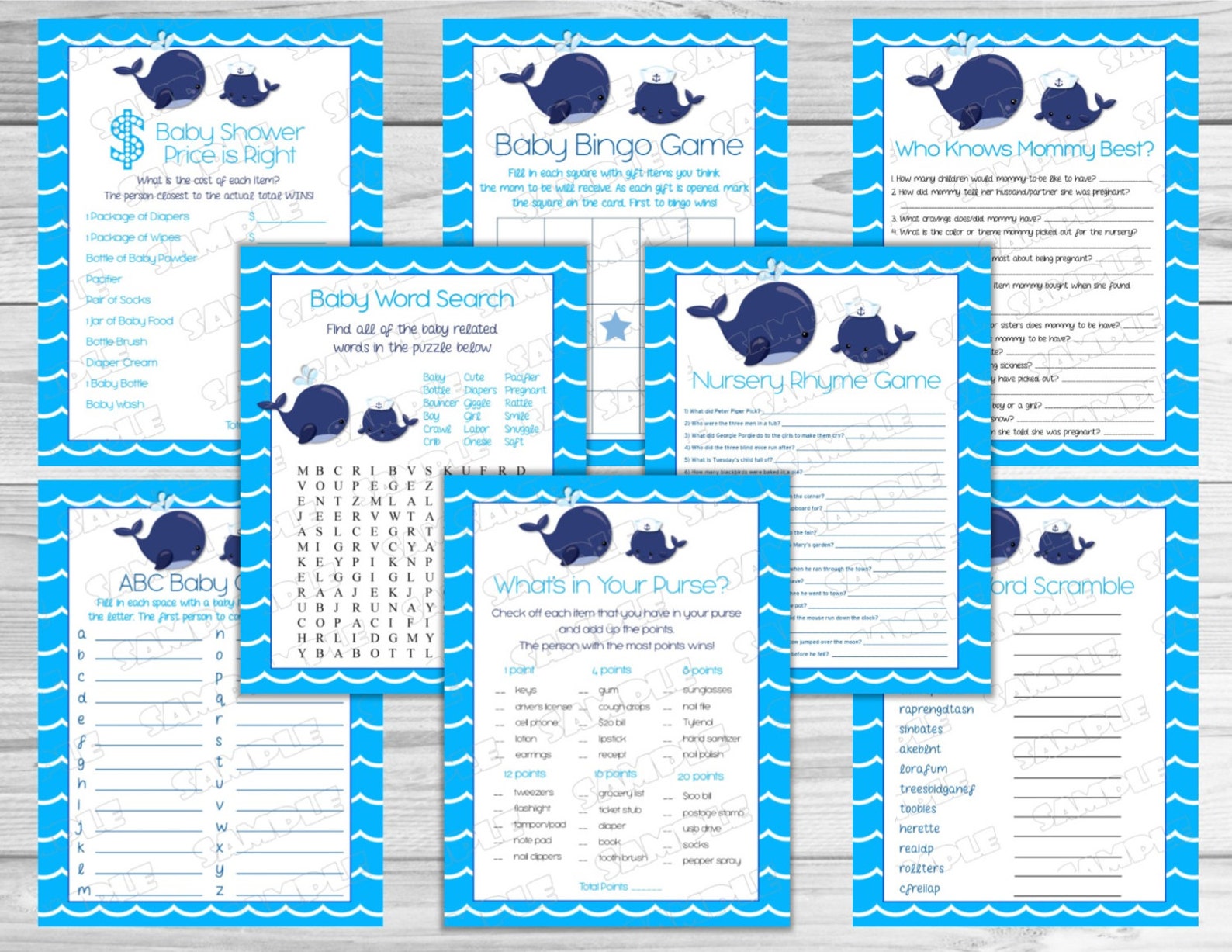 Whale Baby Shower Games Set of 8 Game Bundle Printable Whale - Etsy