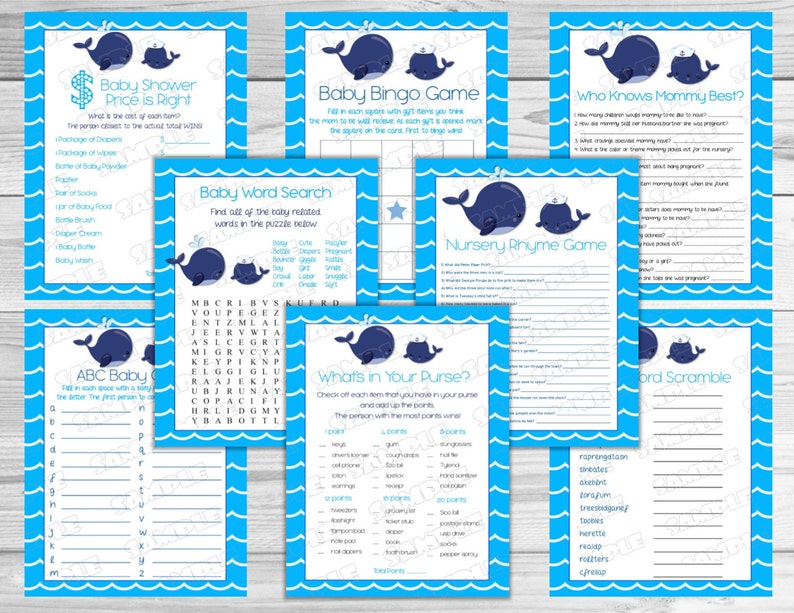 Whale Baby Shower Games Set of 8 Game Bundle Printable Whale Games ...