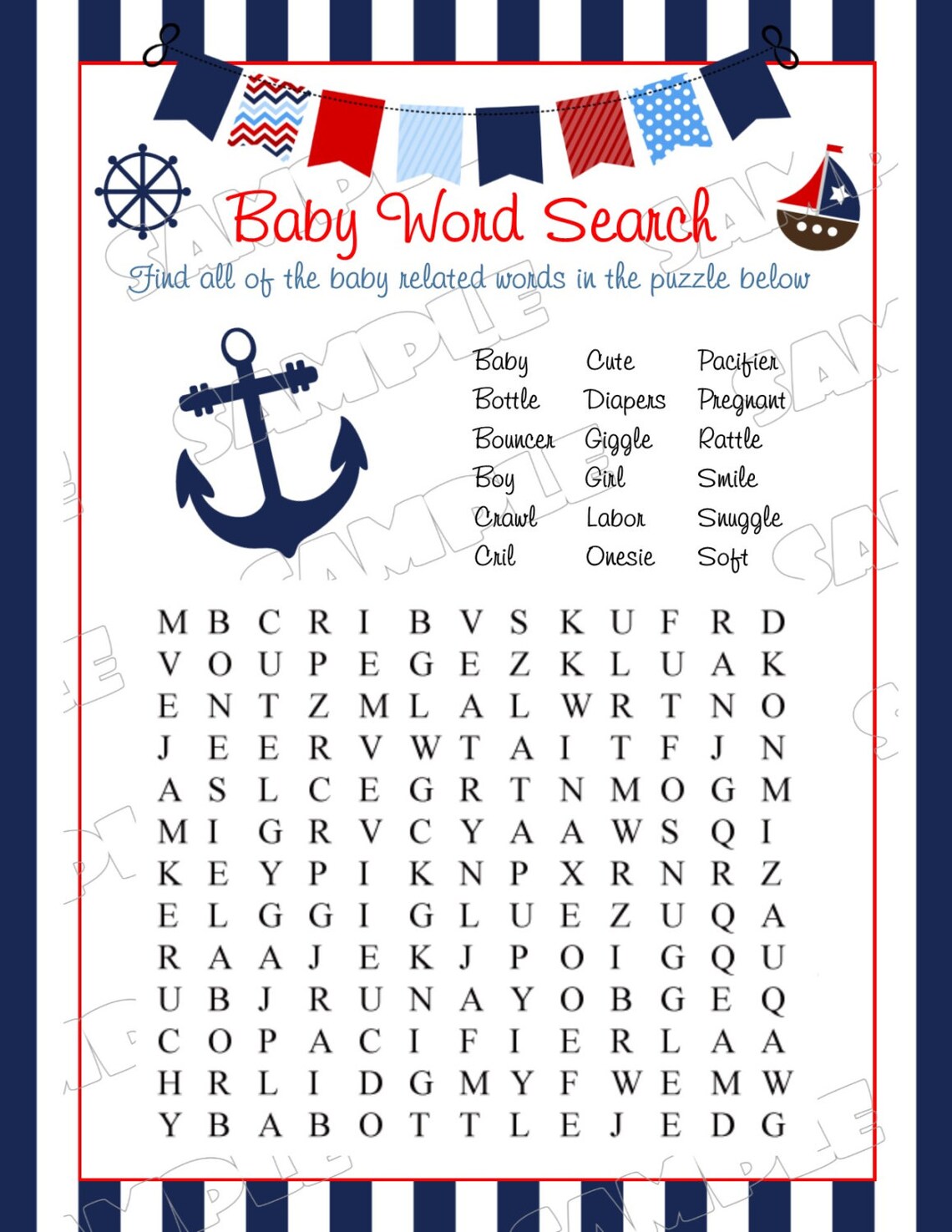 Nautical Anchor Baby Shower Games Word Search Baby Game | Etsy