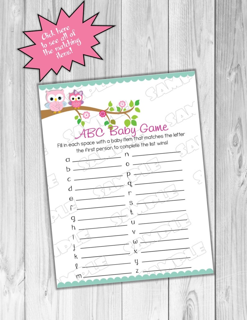 Pink Owl Baby Shower Games Owl Abc Baby Game Printable INSTANT - Etsy