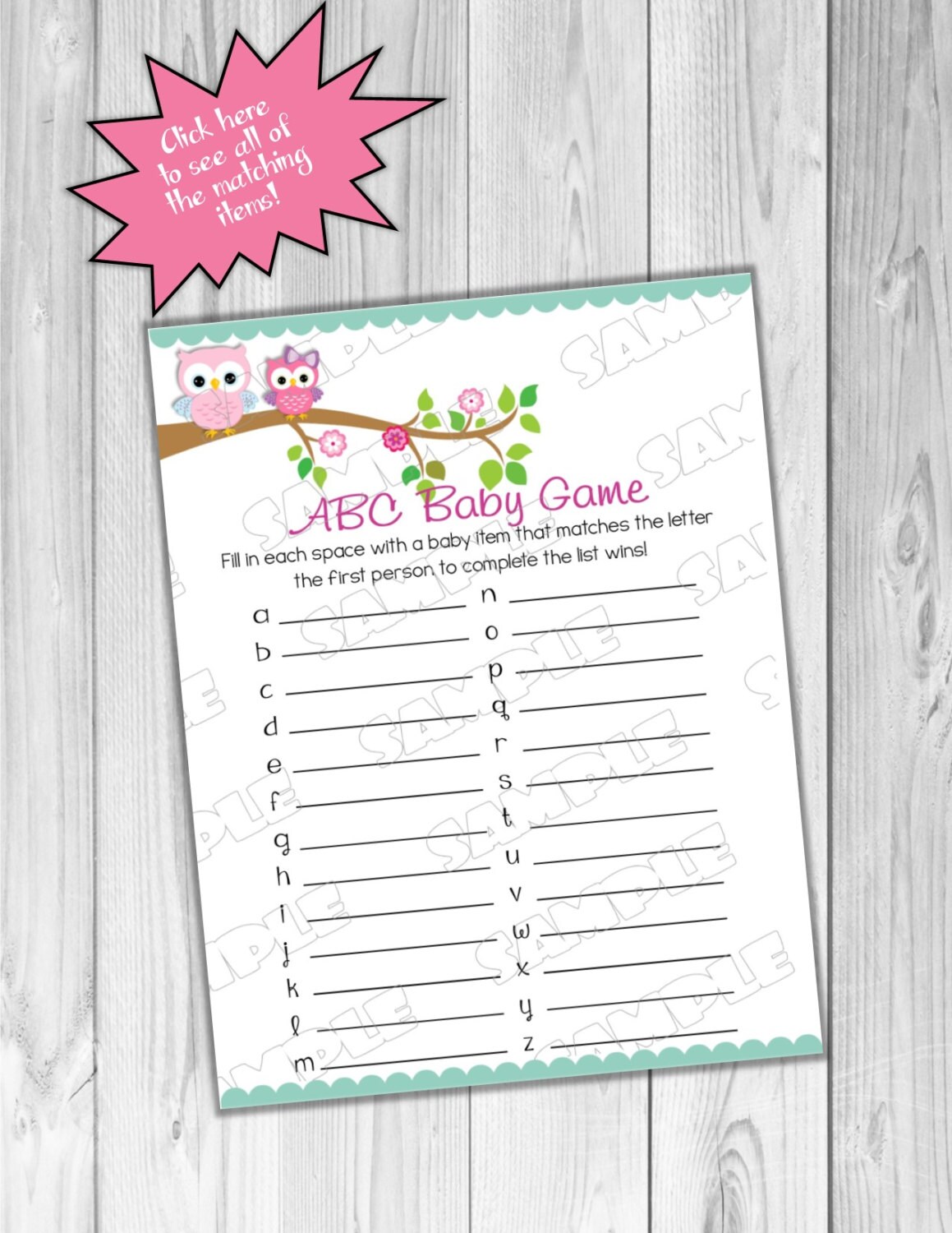 Pink Owl Baby Shower Games Owl Abc Baby Game Printable INSTANT - Etsy