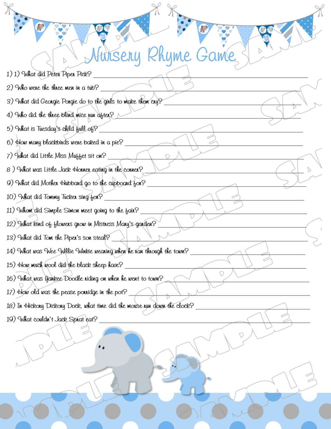 Nursery Rhyme Baby Shower Game Blue Elephant Printable INSTANT - Etsy