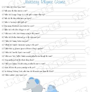 Nursery Rhyme Baby Shower Game Blue Elephant Printable INSTANT DOWNLOAD ...