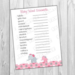 Pink Elephant Word Scramble Baby Shower Game Printable INSTANT DOWNLOAD ...