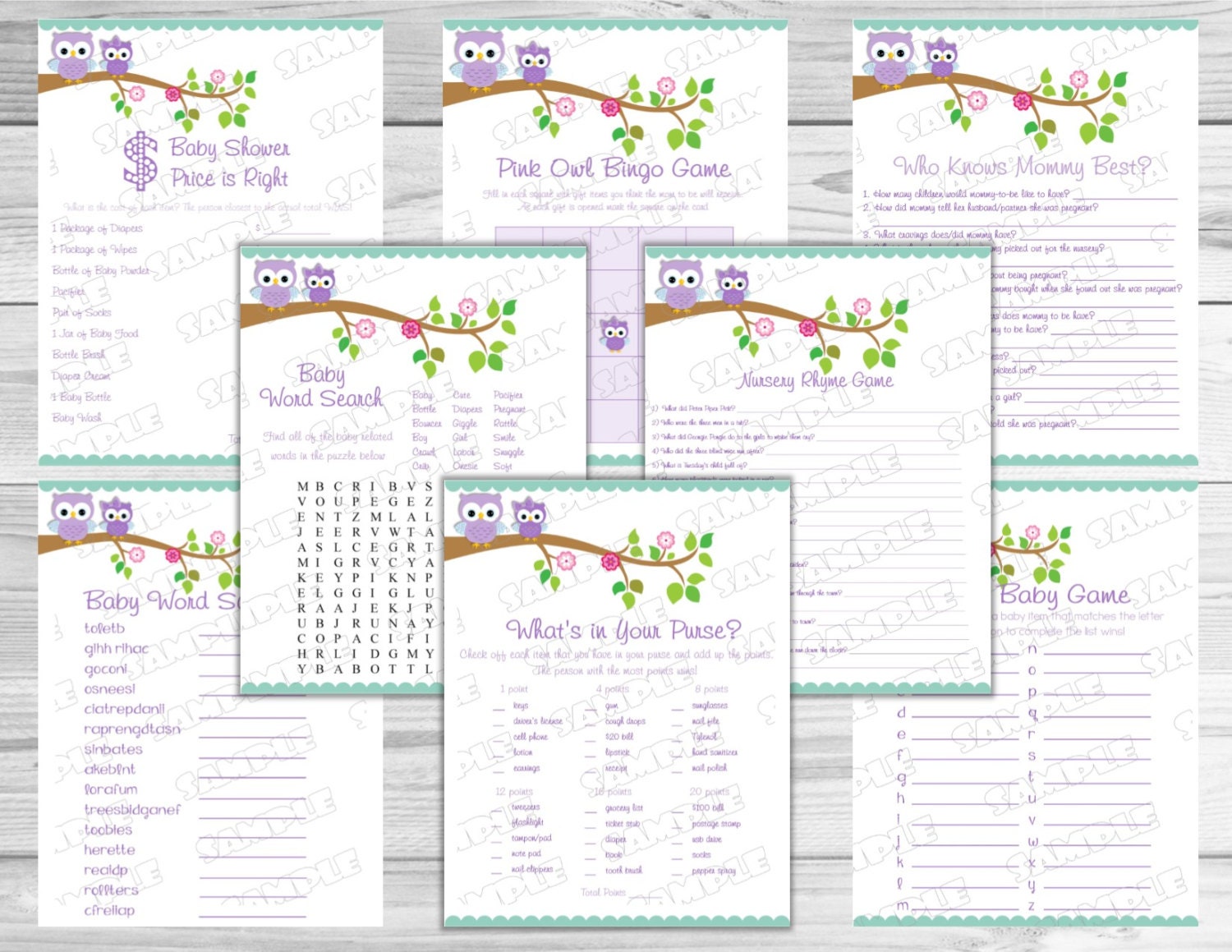 Purple Owl Baby Shower Games Set of 8 Games Bundle Printable - Etsy