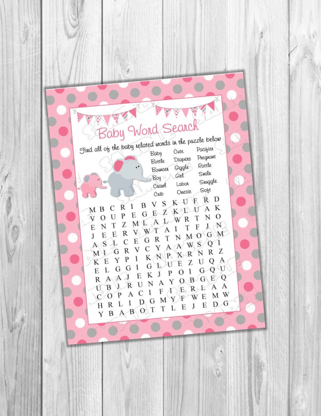 Pink Elephant Word Search Baby Shower Game Printable INSTANT DOWNLOAD ...