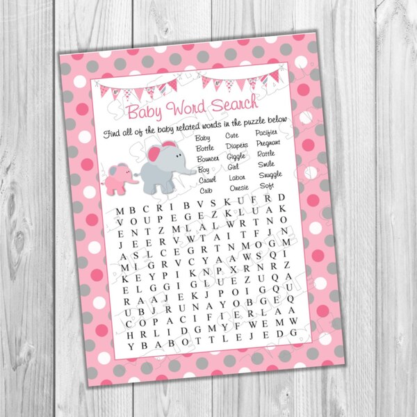 Pink Elephant Word Search Baby Shower Game Printable INSTANT DOWNLOAD ...