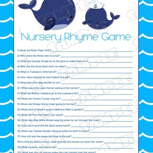 Whale Baby Shower Games Nursery Rhyme Game Printable Whale Games ...