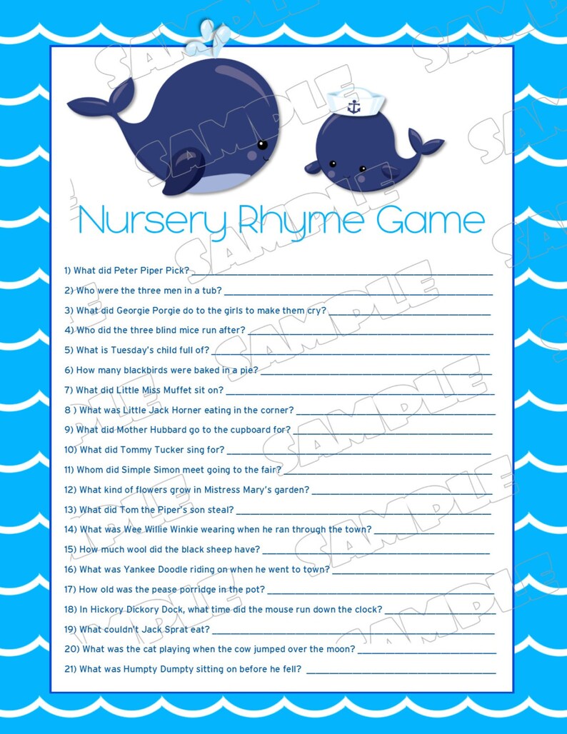 Whale Baby Shower Games Nursery Rhyme Game Printable Whale - Etsy