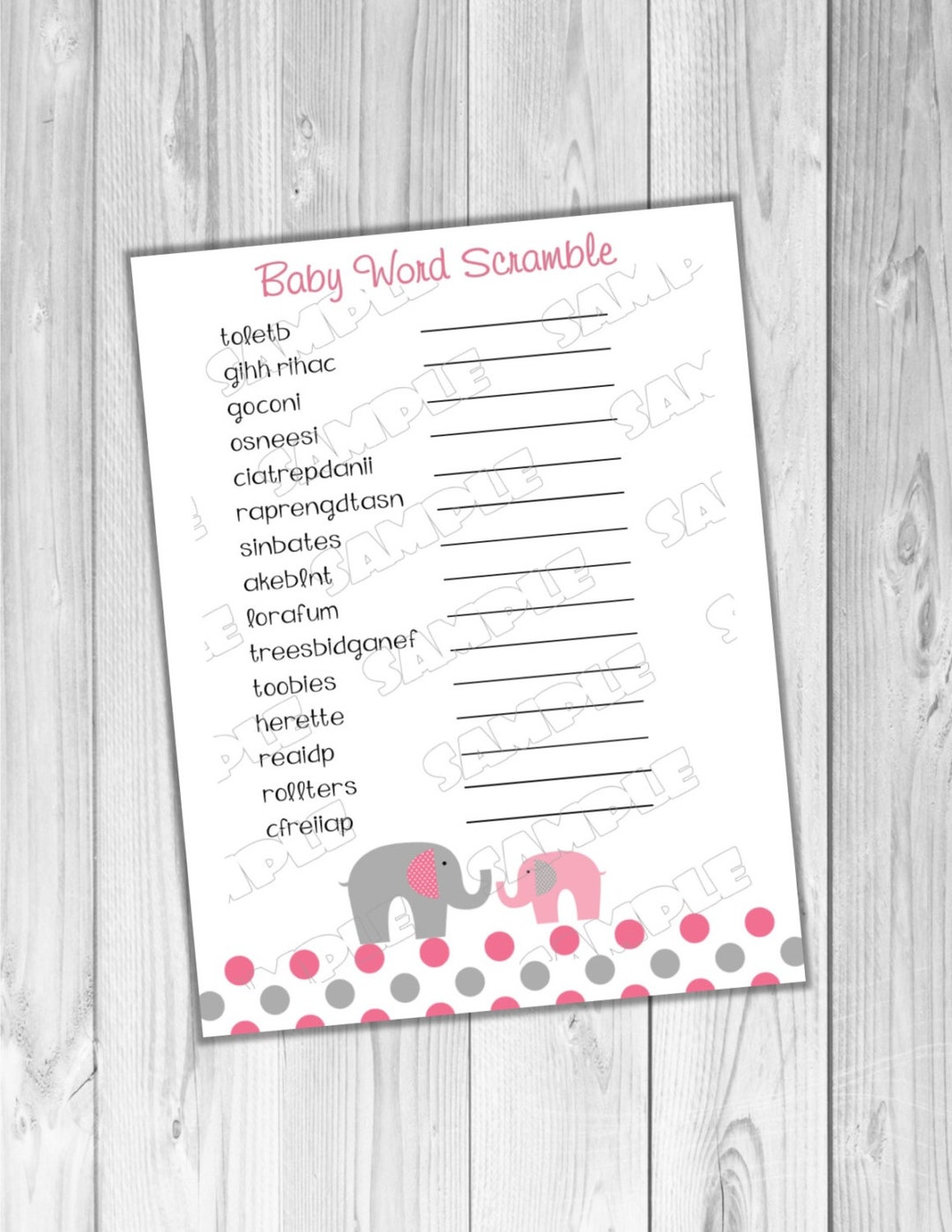 Baby Shower Word Scramble Pink Elephant Printable INSTANT DOWNLOAD ...