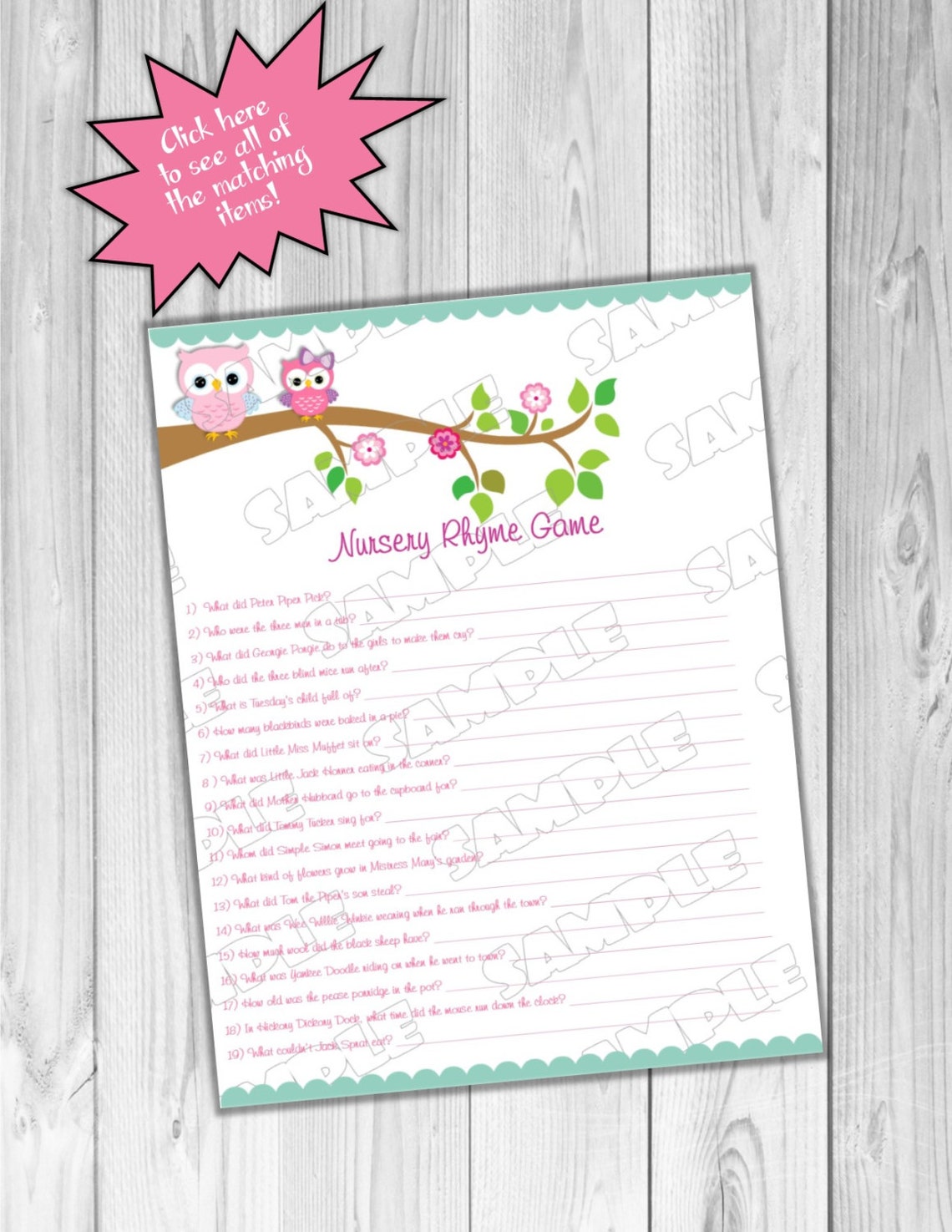 Pink Owl Baby Shower Games Owl Nursery Rhyme Game Printable | Etsy