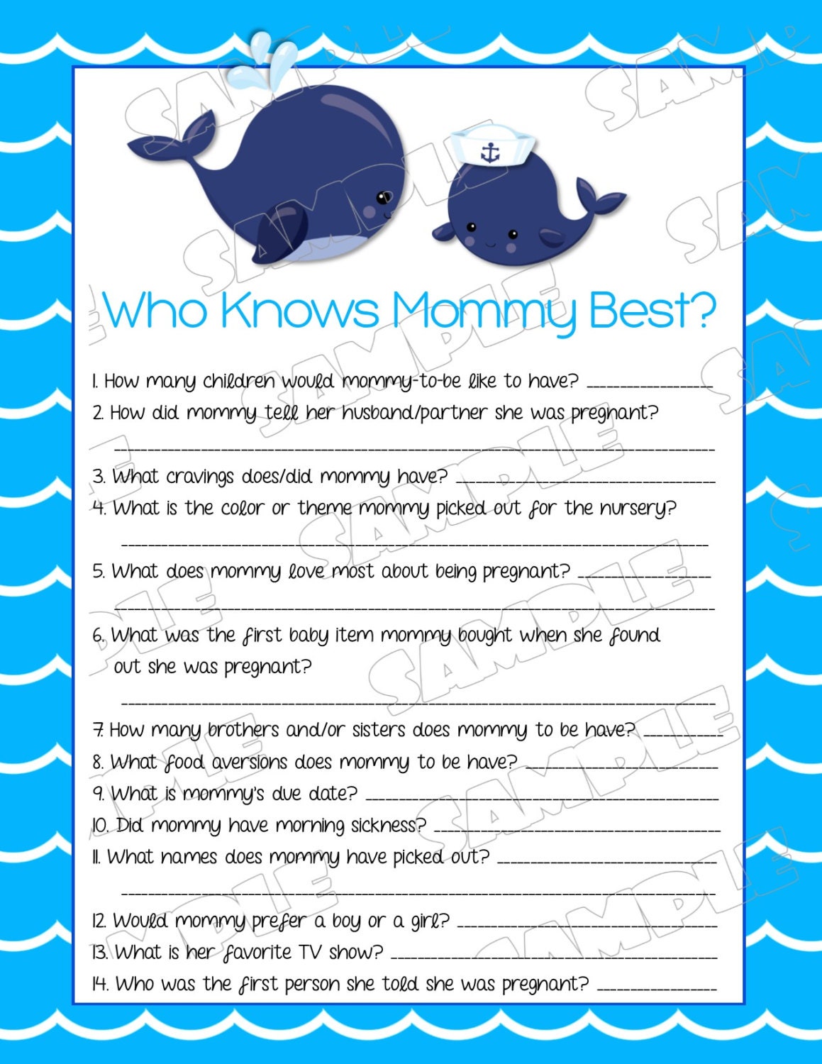Whale Baby Shower Games Who Knows Mommy Best Printable Whale - Etsy