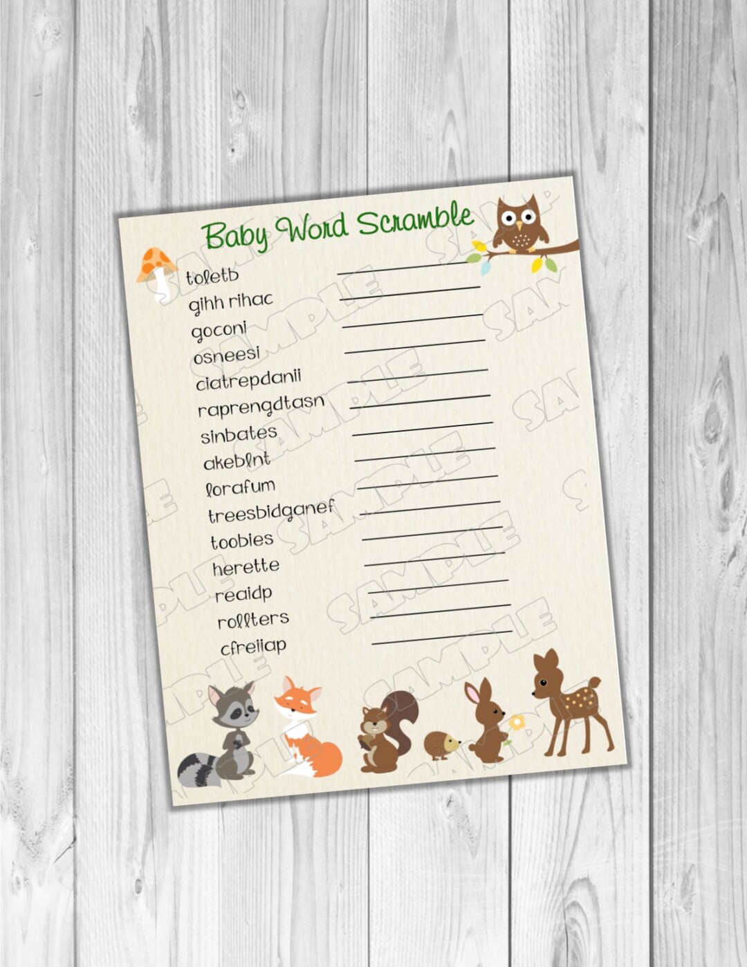 Woodland Forest Animals Baby Word Scramble Baby Shower - Etsy