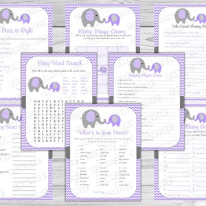 Elephant Baby Shower Games Purple and Gray Set of 8 Games Bundle Baby ...
