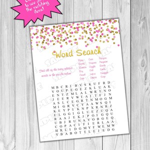 Pink and Gold Baby Shower Games Word Search Game Glitter Printable ...