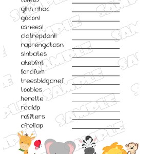 Jungle Safari Baby Shower Games Word Scramble Game Printable INSTANT ...