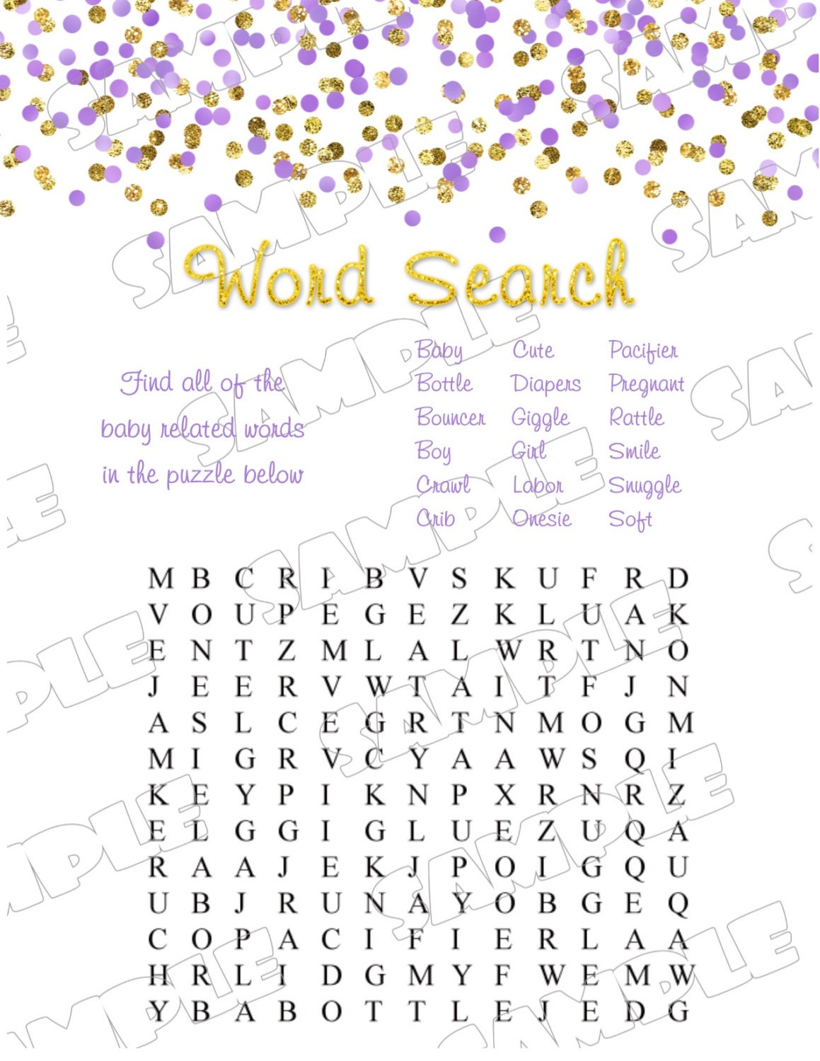 Purple and Gold Baby Shower Games Word Search Game Printable | Etsy