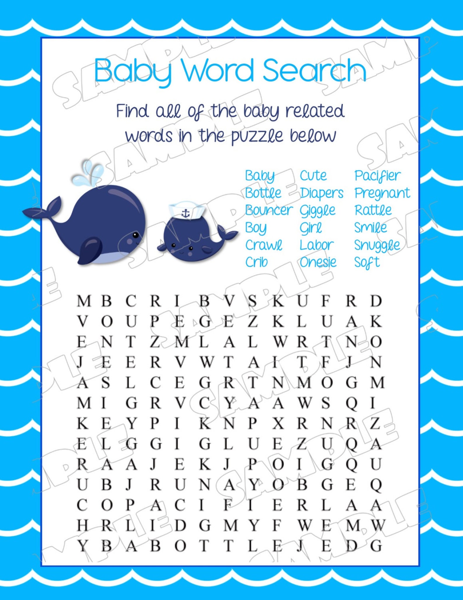 Whale Baby Shower Games Baby Word Search Printable Whale Games - Etsy