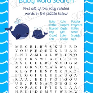 Whale Baby Shower Games Baby Word Search Printable Whale Games INSTANT ...