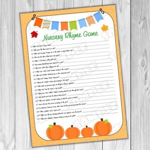 Pumpkin Fall Baby Shower Games Nursery Rhyme Game Printable INSTANT ...