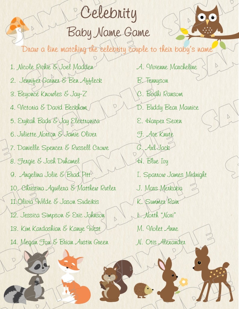 Woodland Forest Animals Celebrity Baby Name Game Baby Shower | Etsy