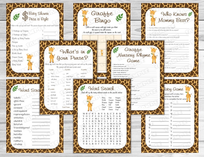 Giraffe Baby Shower Games Set of 8 Games Bundle Jungle Safari Printable ...