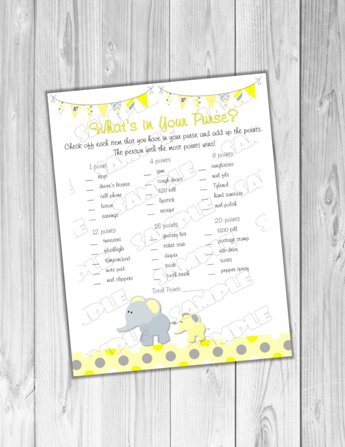 Yellow elephant what's in your purse baby shower game | Etsy