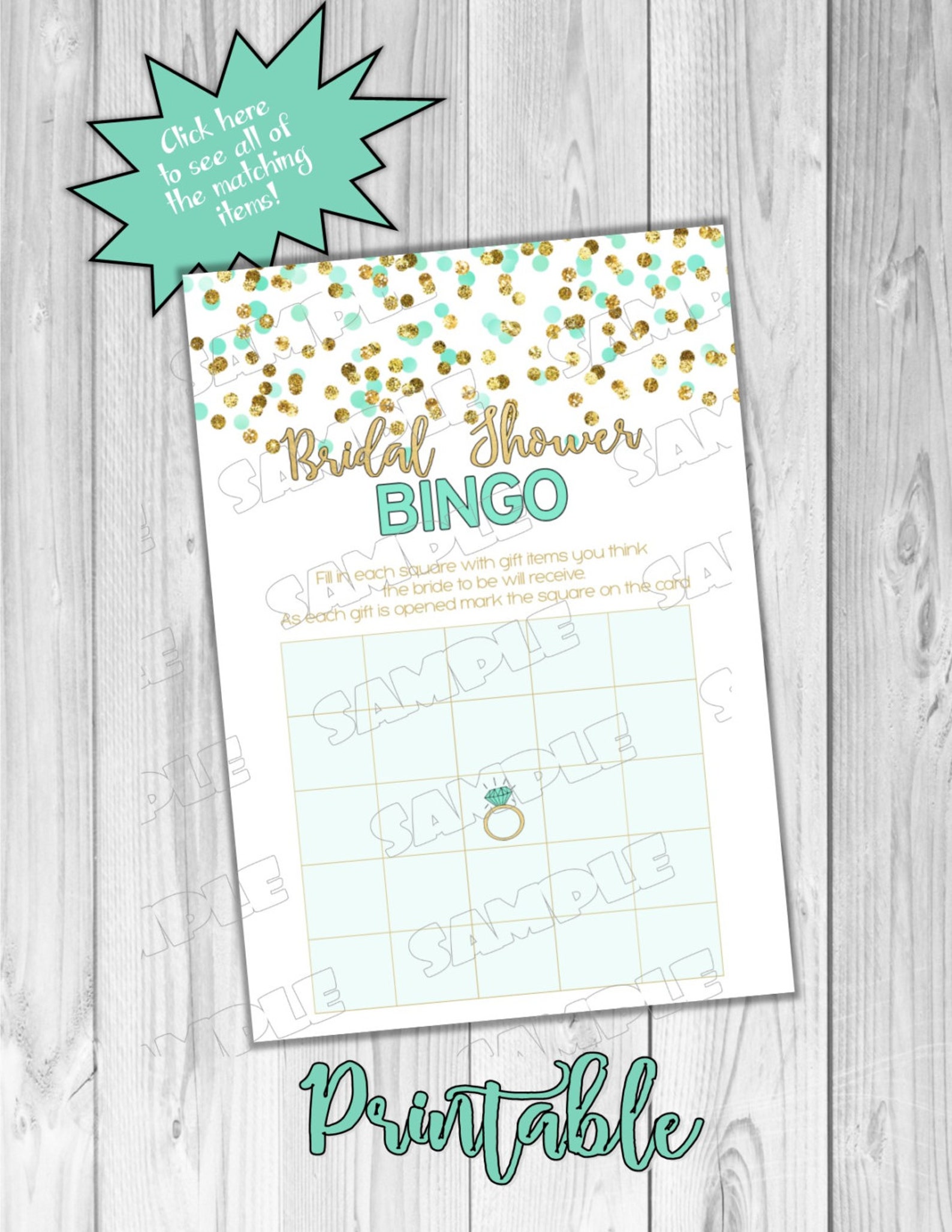 Mint Gold Bingo Game Glitter Bridal Shower Printable INSTANT - Etsy