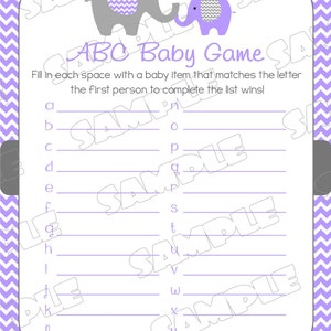 Elephant Baby Shower Games Purple and Gray Abc Baby Game Baby Shower ...