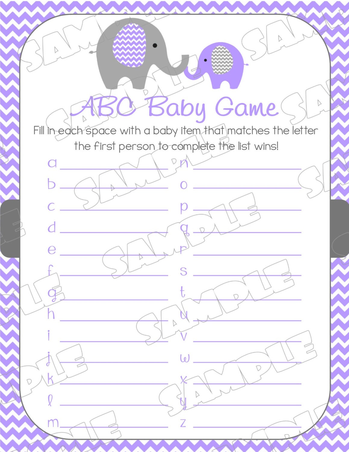 Elephant Baby Shower Games Purple and Gray Abc Baby Game Baby - Etsy