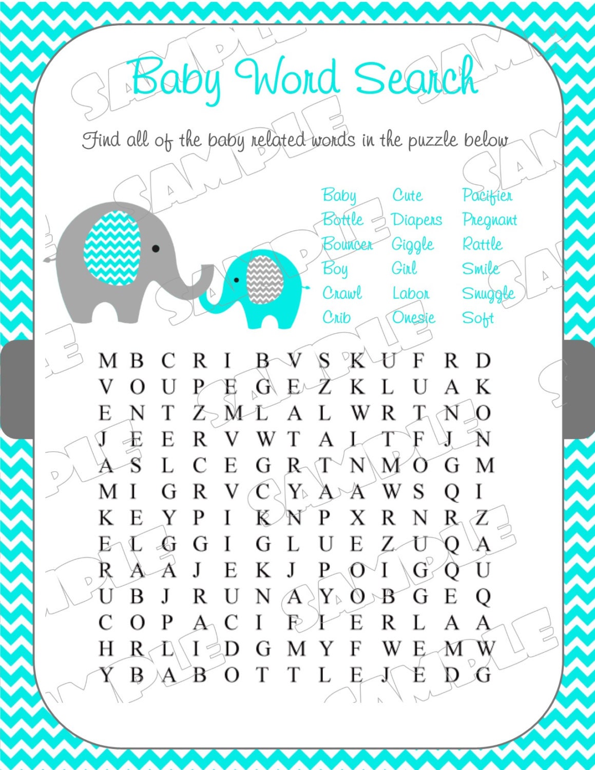 Elephant Baby Shower Games Aqua and Gray Word Search Baby - Etsy