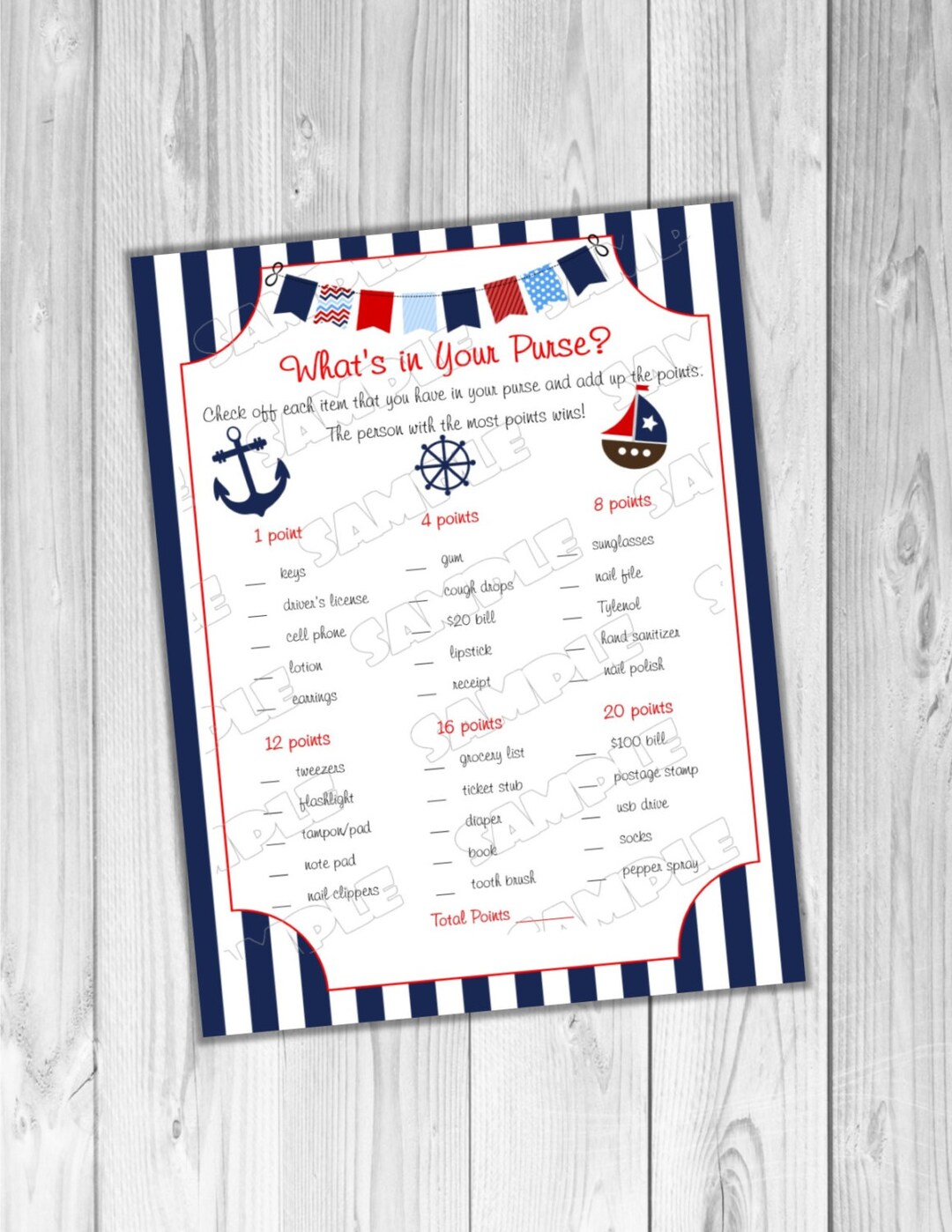 Nautical Anchor Baby Shower Games What's in Your Purse Game Printable ...