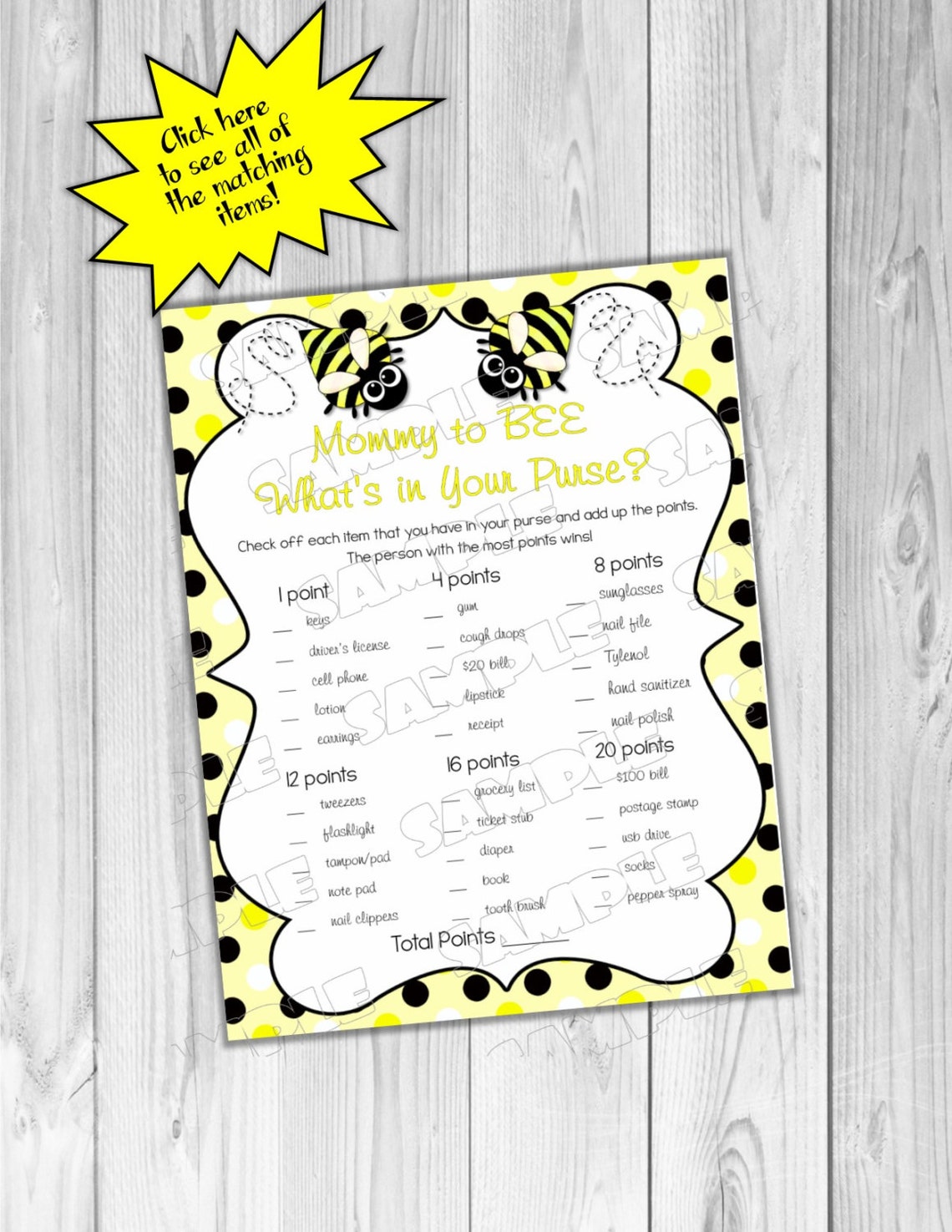 Bumble Bee Baby Shower What's in Your Purse Game Mommy to - Etsy