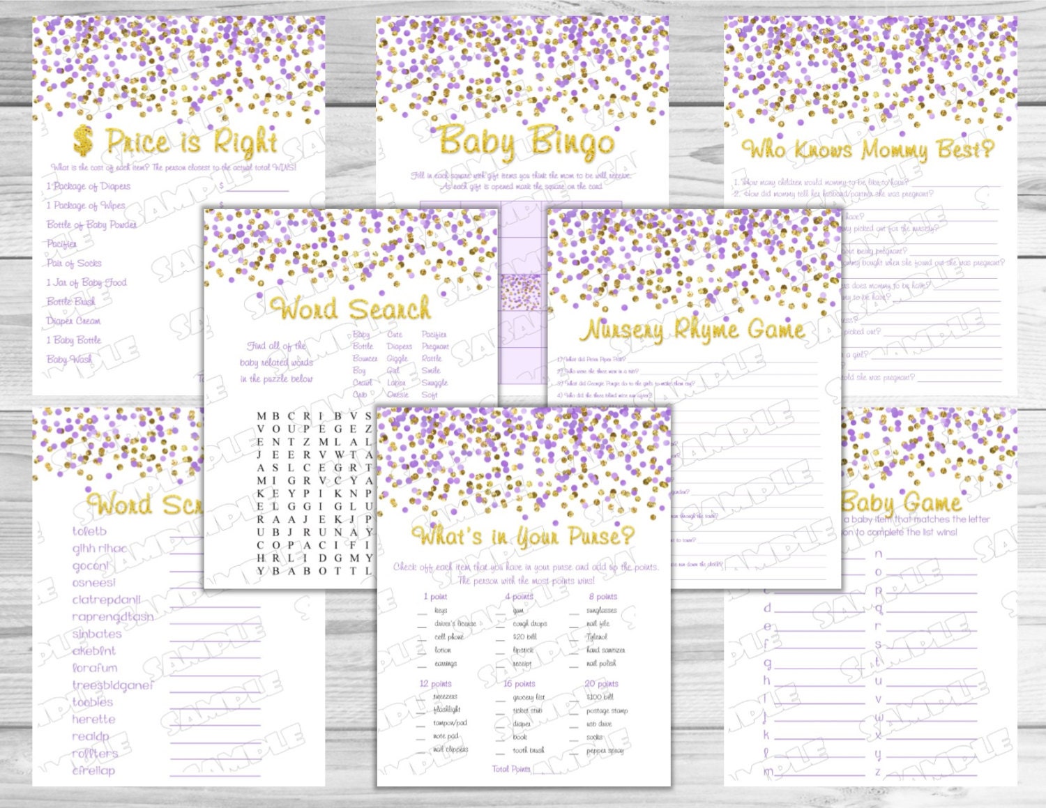 Purple and Gold Baby Shower Games Set of 8 Games Bundle - Etsy