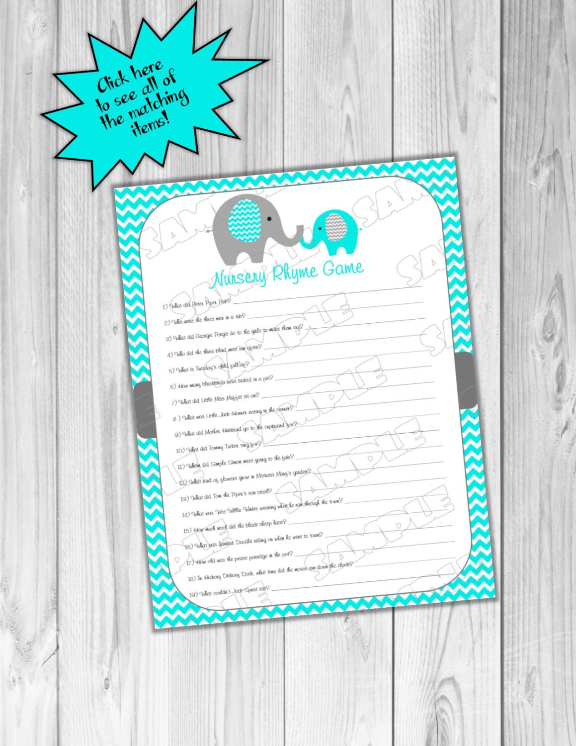 Elephant Baby Shower Games Aqua and Gray Nursery Rhyme Game - Etsy
