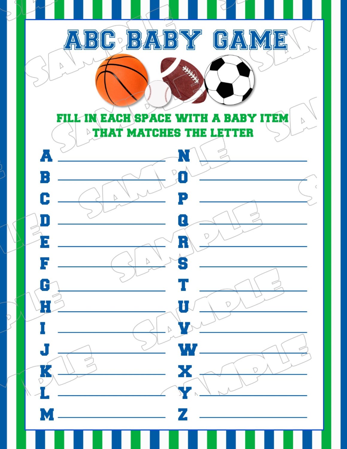 Sports Baby Shower Games Abc Baby Game Balls Printable INSTANT - Etsy